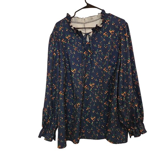 Essentials | Tops | Essentials Navy Blue Floral Ruffle Long Sleeve ...
